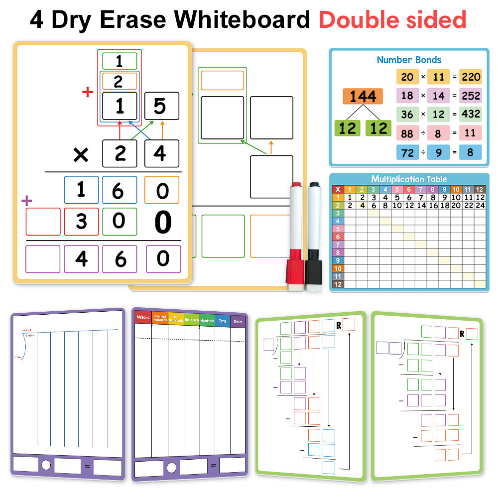 4Pcs Double Side Dry Erase Multiplication & Division White Board Math ...