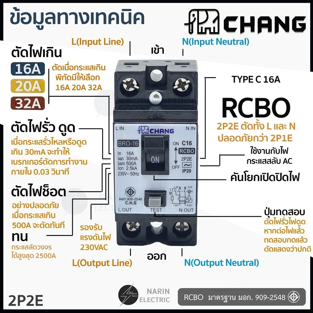 Chang เซฟตี้เบรกเกอร์ RCBO 16A 20A 32A ช้าง เครื่องทำน้ำอุ่น เบรกเกอร์กันดูด กันรั่ว ช็อต ไฟเกิน ...