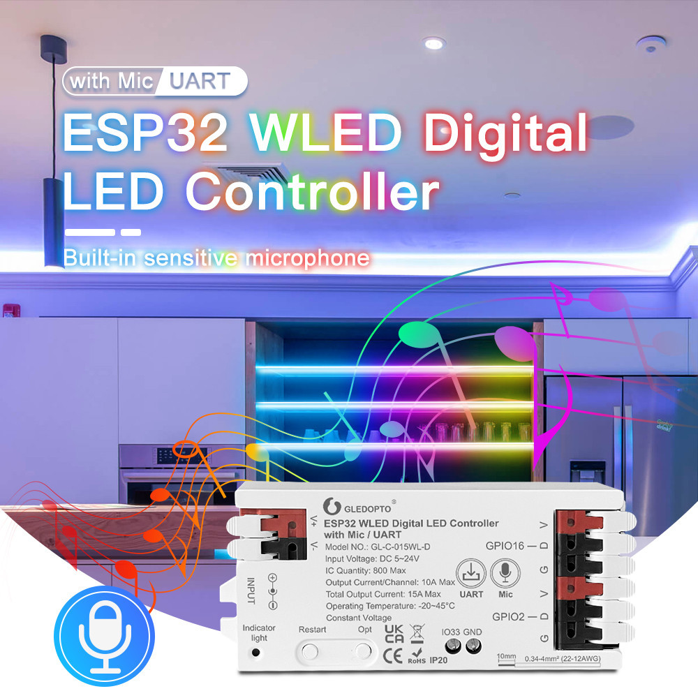 Gledopto ESP32 WLED LED Controller Mic UART ดาวน์โหลดเพลงเสียงแบบไดนามิก RGB DIY WiFi WS2811 ...