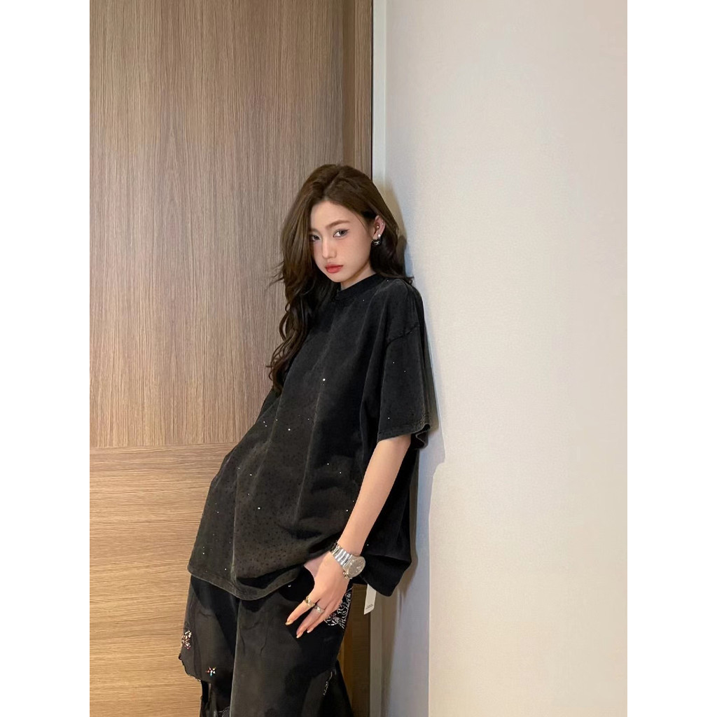 BA##LENCIAGA Heavy Industry Star Hot Drilling Washed Old Short Sleeve ...