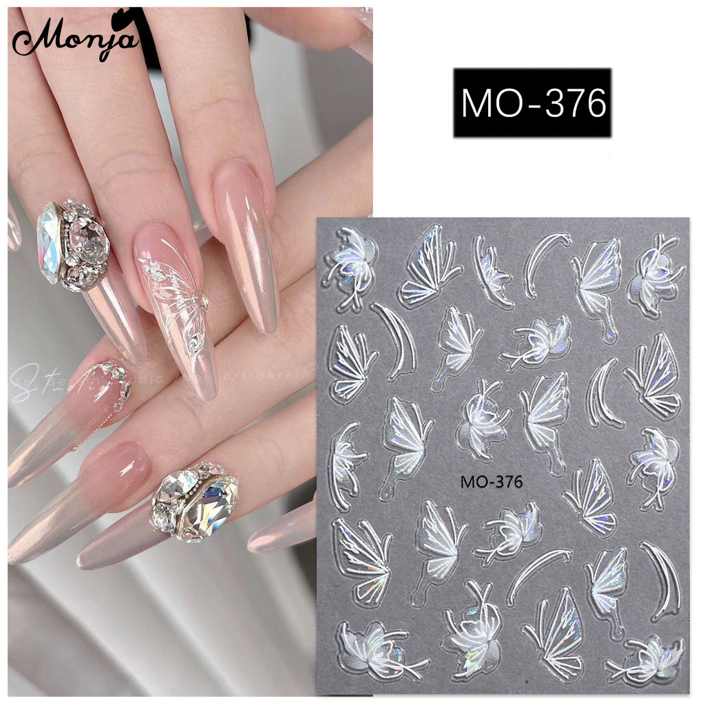 Monja 5D สติกเกอร์เล็บนูนบรรเทา Shining ผีเสื้อเล็บ Sliders Self กาว ...