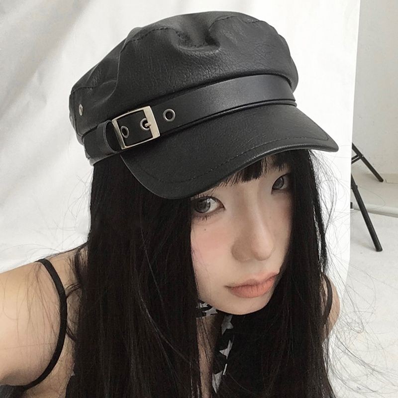 Shibuya สไตล์สาวร้อน niche ปุ่มหนังแบน beret ผู้หญิงแสดงใบหน้าด้วยลิ้น ...
