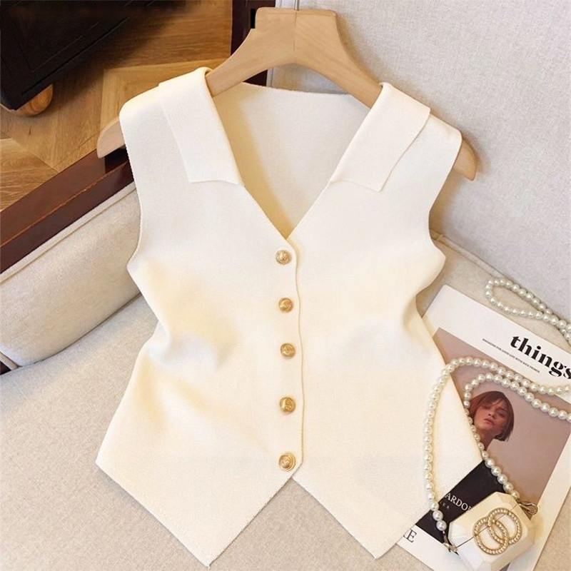 [XZNZVV] เสื้อกั๊กถักทรงสลิมแขนกุดคอวีอารมณ์ฝรั่งเศสสําหรับผู้หญิง IKFG ...