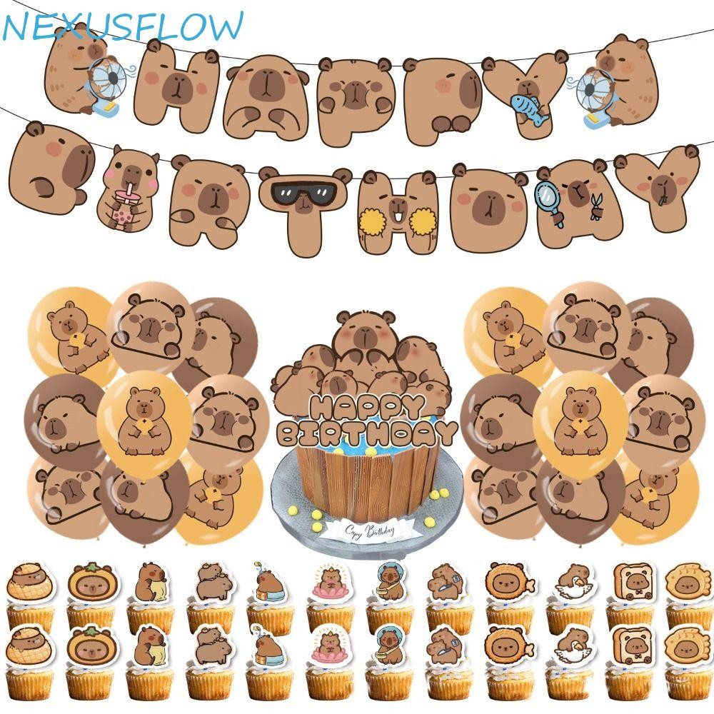Nexusflow แบนเนอร์สุขสันต์วันเกิด, แผ่นกระดาษธีมสัตว์ Capybara ถ้วยผ้าปูโต๊ะ, แบนเนอร์ลานวันเกิด ...