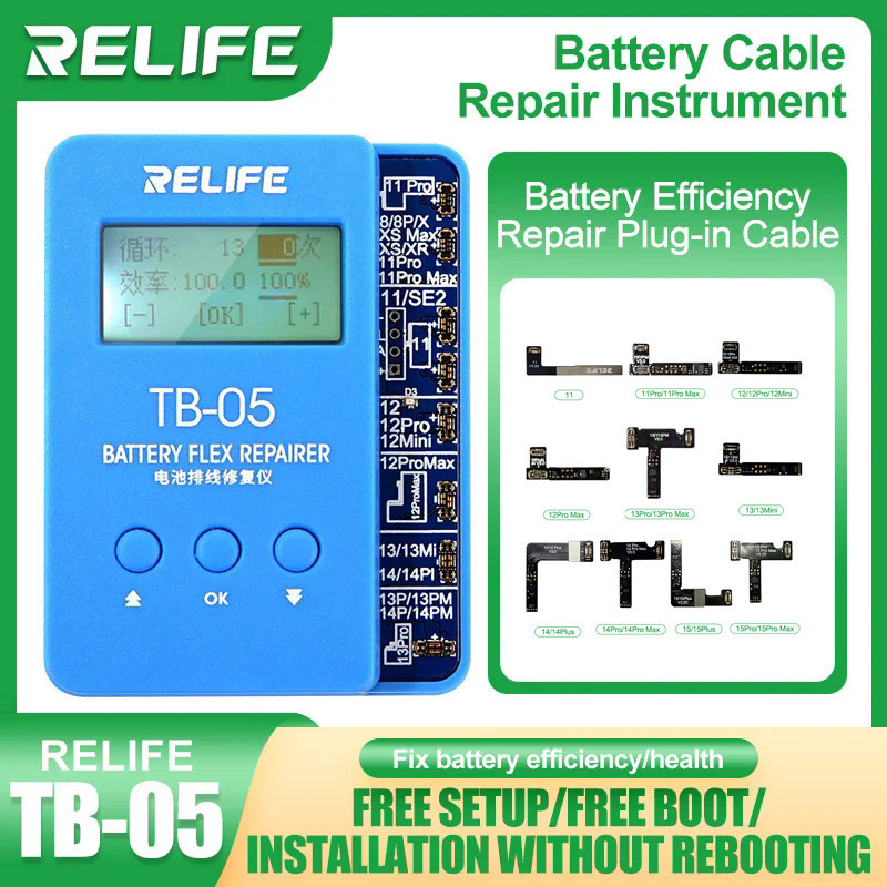 Relife TB-05 แบตเตอรี่โปรแกรมเมอร์ซ่อมสําหรับโทรศัพท์ 8-15prmax ข้อผิดพลาดสุขภาพ Warnning ข้อมูล ...