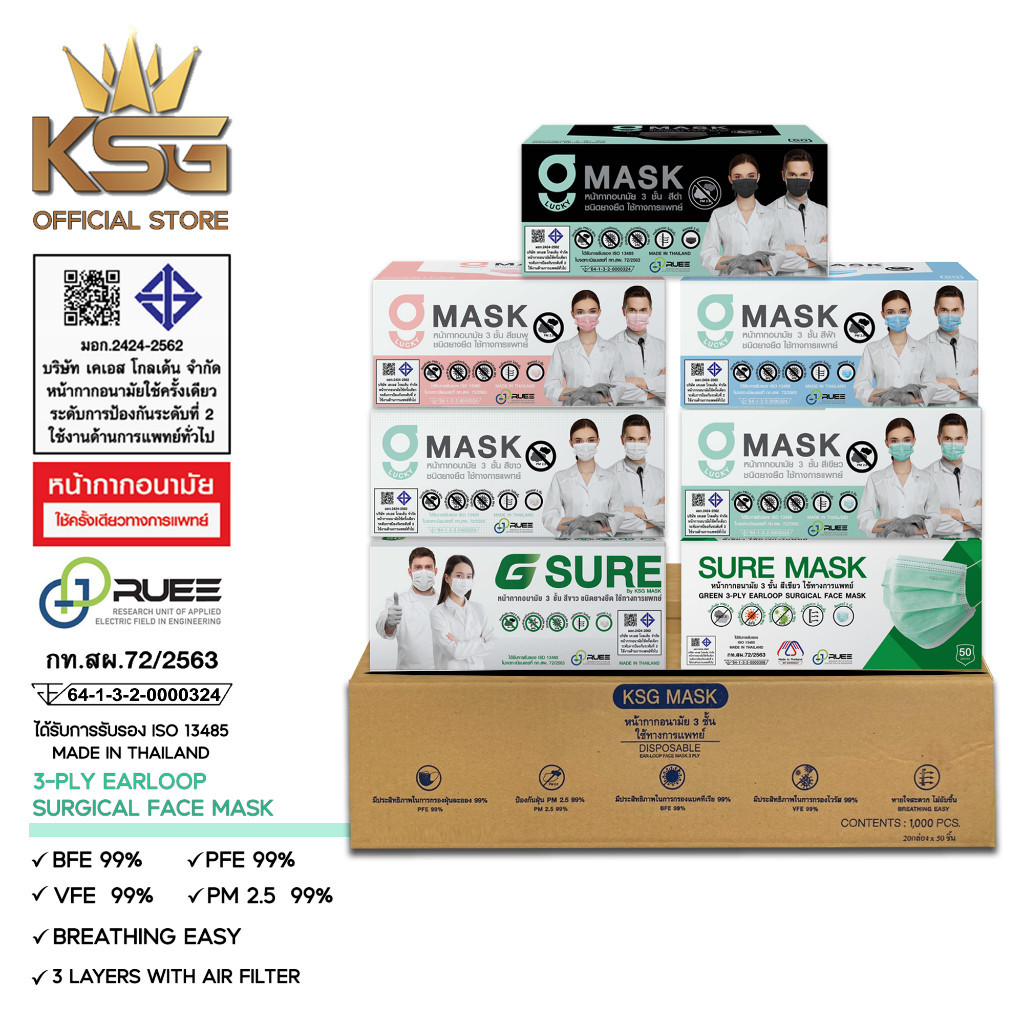 หน้ากากอนามัย G LUCKY MASK G SURE MASK หนา 3 ชั้น (ยกลังบรรจุ 20 กล่อง ...