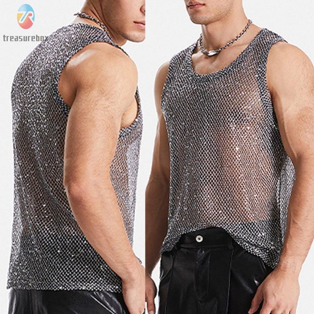 ⭐ BIG DISCOUNTS ⭐ Fishnet Party Tops O คอผ้าโพลีเอสเตอร์แขนกุด Slight ...