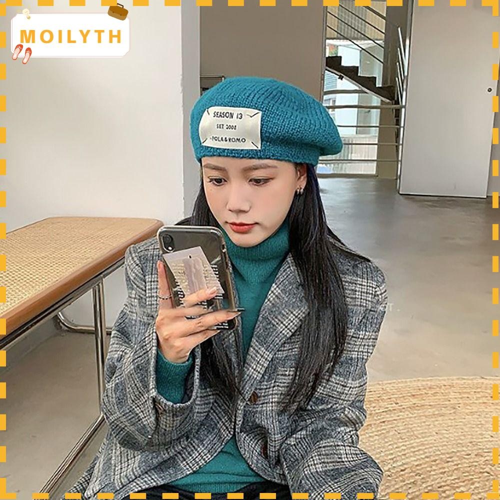 Moilyth หมวกถักสวมหัว, กันลมสีทึบด้ายถัก Beret, Retro สไตล์ญี่ปุ่น Alphanumeric พิมพ์ Elegant ...
