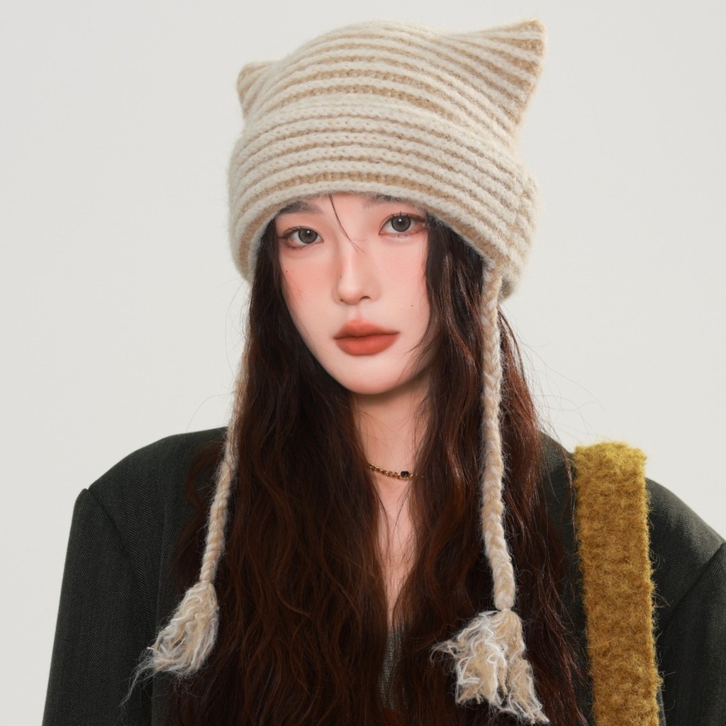 MISSKOI Niche น่ารักหูแมวลายหมวกขนสัตว์ฤดูใบไม้ร่วงฤดูหนาวแฟชั่นแนวโน้ม ...