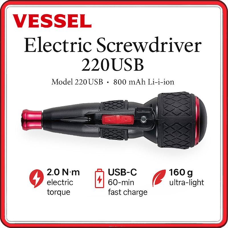 VESSEL 220USB Electric Screwdriver Kit – USB-Rechargeable Ball-Grip ...