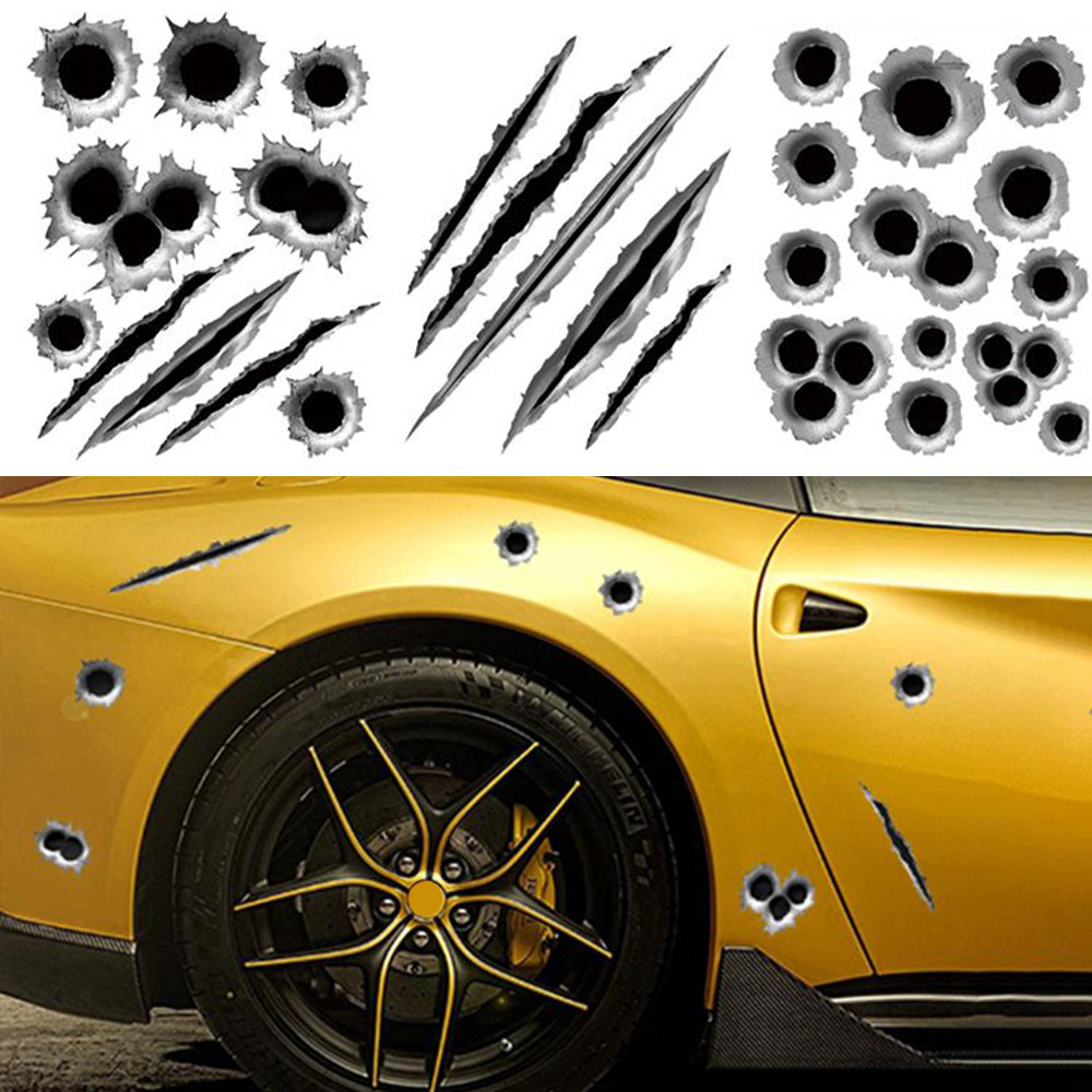 23*29 ซม.PVC รถ 3D จําลอง Bullet Hole สติกเกอร์ DIY ตลกสงครามจัดแต่งทรง ...