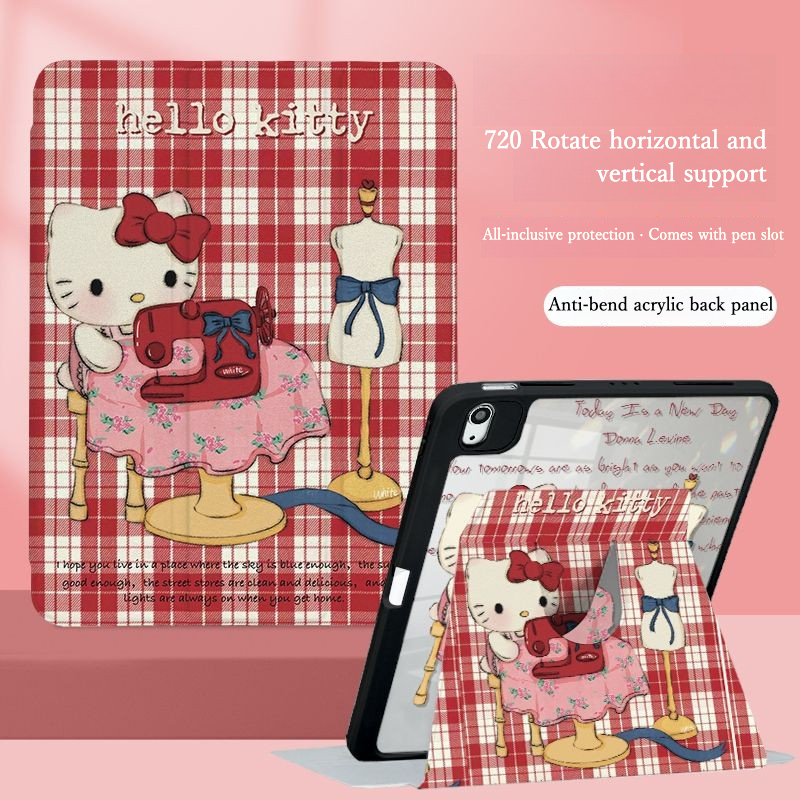 720° เคส iPad หมุนพร้อมช่องเสียบปากกาลายสก๊อตสีแดงจักรเย็บผ้า Hello ...