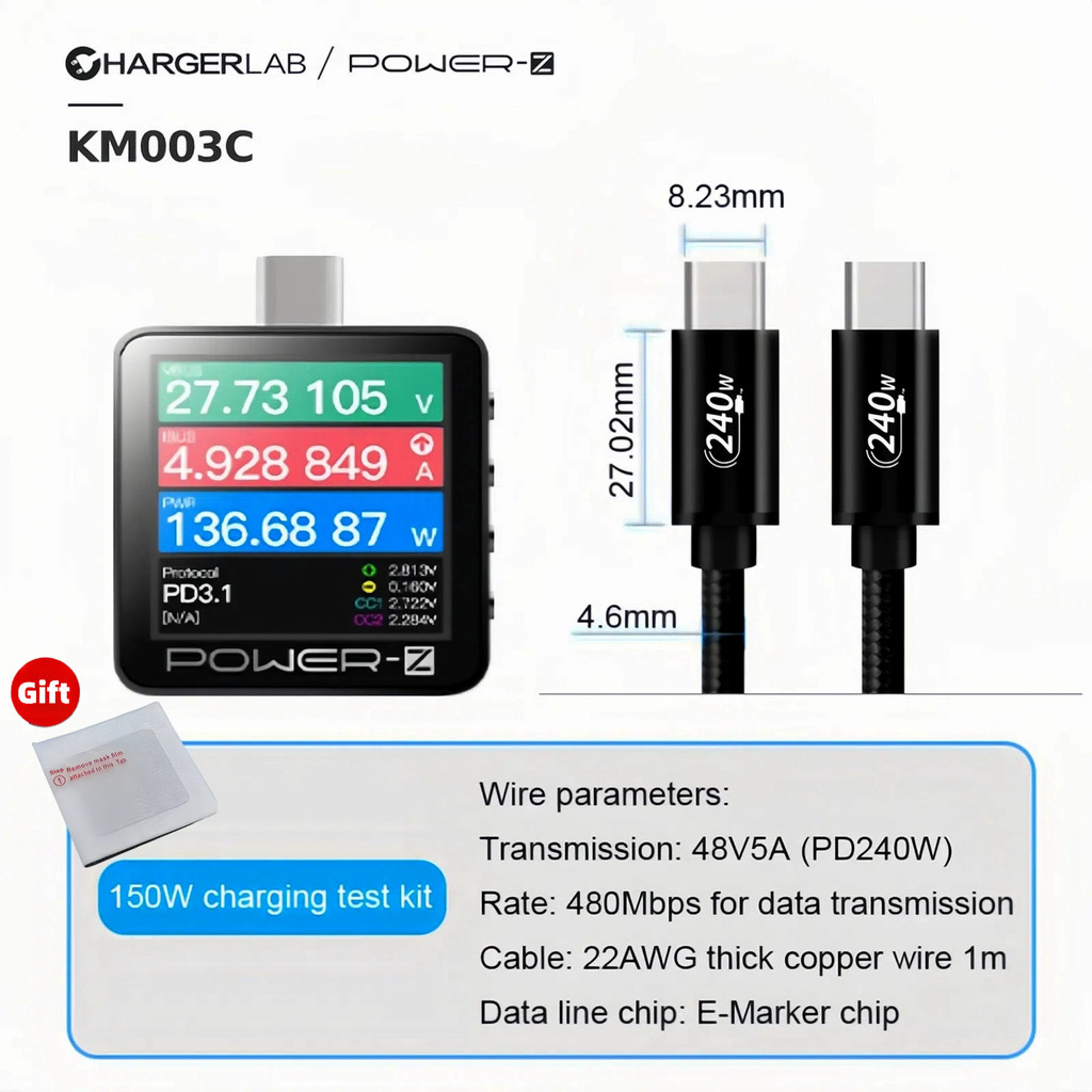 KM003C ChargerLAB POWER-Z USB PD3.1 Protocol PPS 50V 6A Range Dual Type-C เครื่องทดสอบความจุ USB ...
