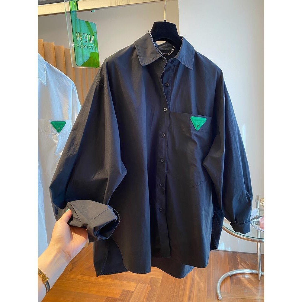 MIMI&DIDI#เสื้อเชิ้ตแขนยาว แฟชั่น เสื้อสีม่วงสามเหลี่ยมทรงหลวมลำลองสำหรับผู้หญิง รุ่นใหญ่ เสื้อ ...