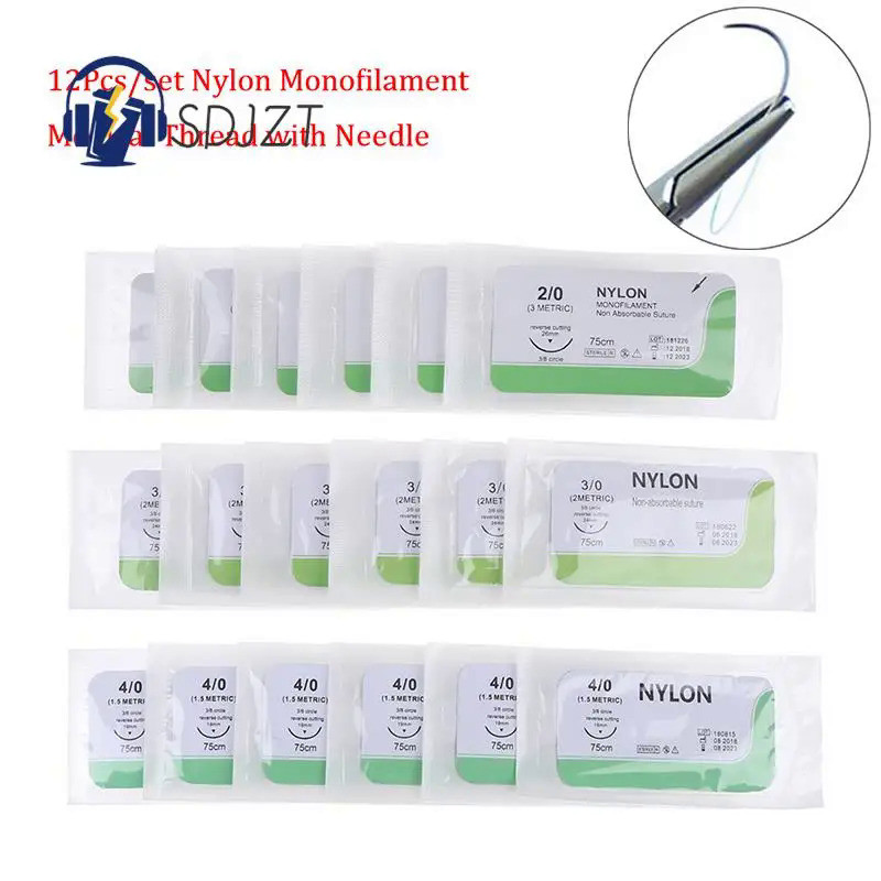 12 PCS 2/0 3/0 4/0 Needle Suture Nylon Monofilament Non-injured Suture ...