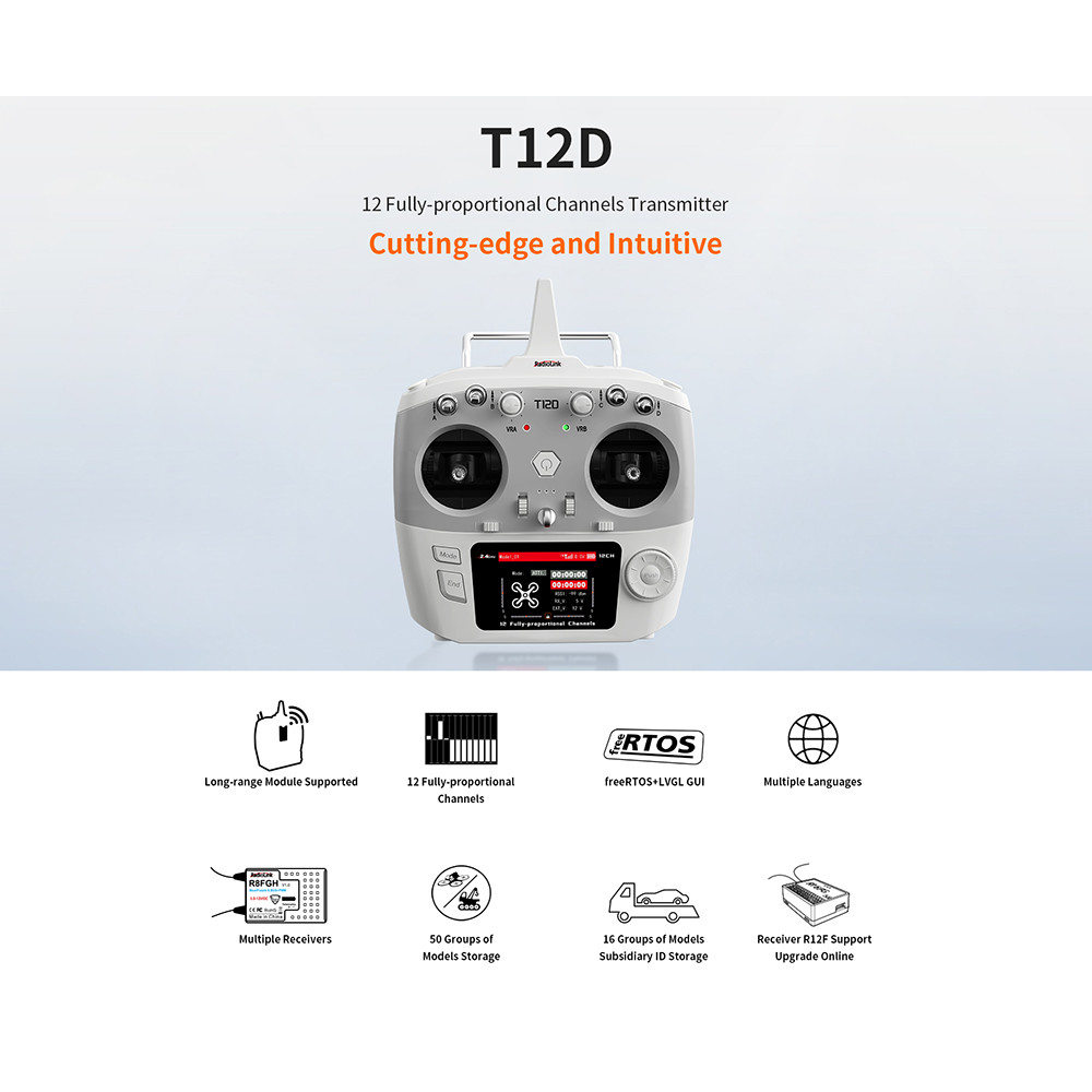 Radiolink T12D 12 ช่องเครื่องส่งสัญญาณ RC 2.4GHz พร้อม R12FG ตัวรับสัญญาณรีโมทคอนโทรลสําหรับ FPV ...