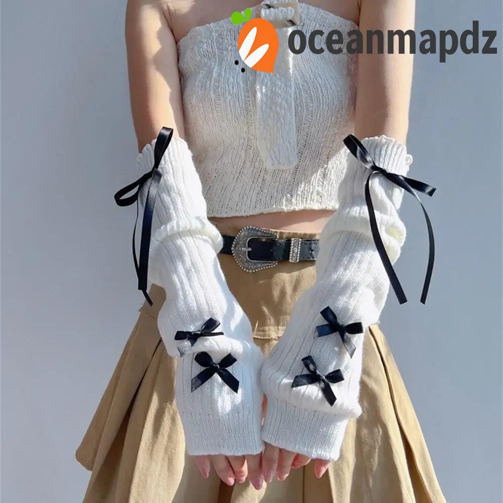 Oceanmapdz ถักแขนโบว์, ถุงมือข้อมือยาวที่อบอุ่น Y2K, นุ่มหวานยืดหยุ่นสไตล์เกาหลีครึ่งนิ้วถุงมือ ...