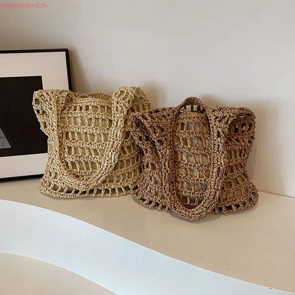 DAPPERGENT กระเป๋าถือสานฟาง ทรง Bohemian สำหรับชายหาดและเที่ยวพักผ่อน หน้าต่างซิป ภายในมีช่อง ...