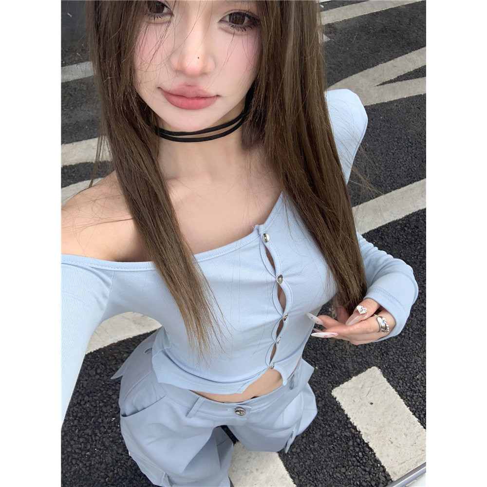 ฤดูใบไม้ร่วงใหม่ของผู้หญิงเวอร์ชั่นเกาหลีหนึ่งไหล่สั้นพอดีบางแขนยาวเสื้อยืด 240817 | Shopee Thailand