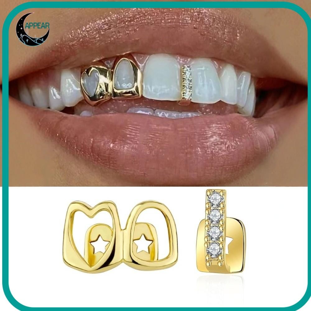 APPEAR Hip Hop Tooth Grillz, Shiny Zircon Copper Grillz, Double Heart ...