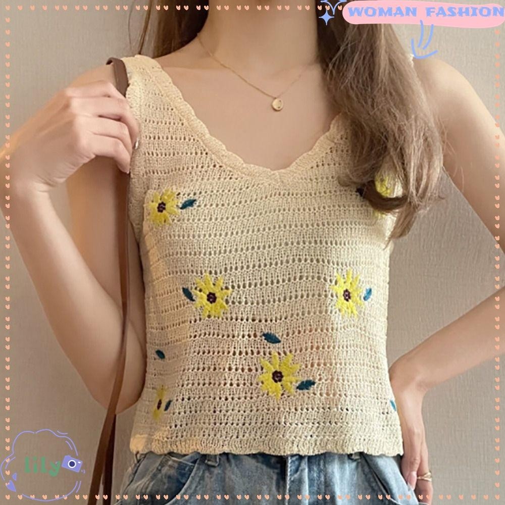 Lily Bikini Tanks เสื้อครอปแขนกุดคอวี เสื้อกั๊กสตรีกลวงโครเชต์ประณีต ...