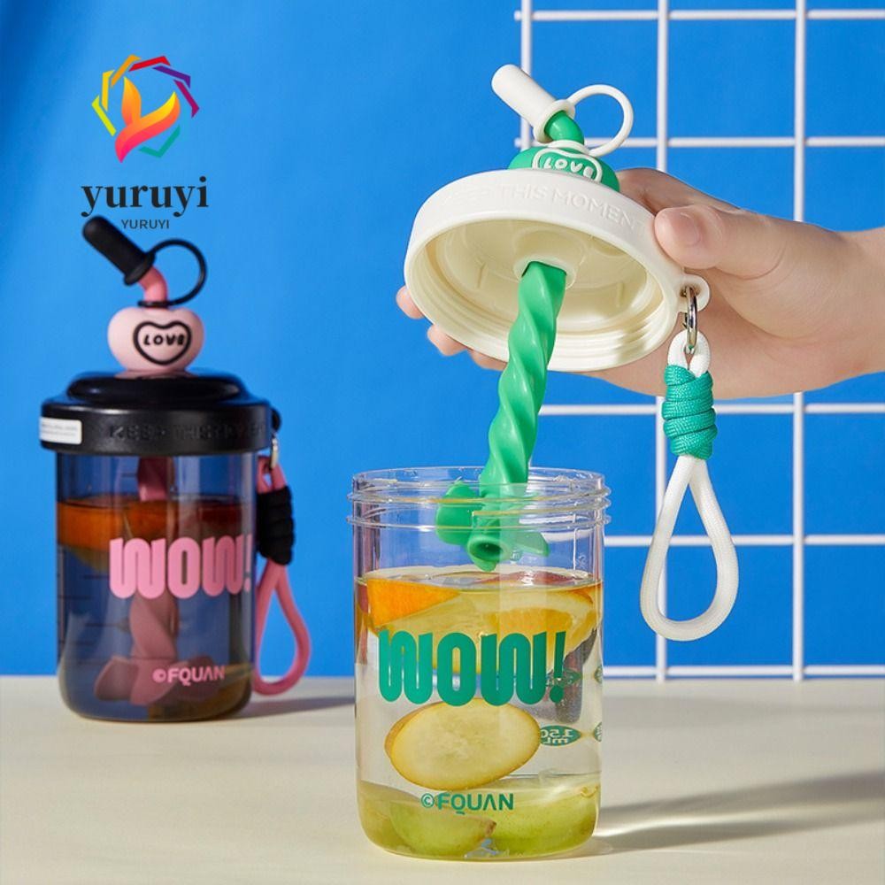 ขวดน้ํา YURUYI, 580ML แบบพกพา Handle ถ้วยดื่ม, Kawaii ฟางฝุ่นหมวกฟางรั่ว Whey โปรตีน Shaker ขวด ...