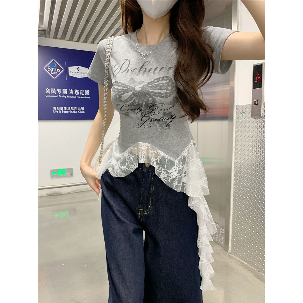 เสื้อยืดแขนสั้น GBKN Dege Mink แบบเย็บลูกไม้ สไตล์เซ็กซี่ สำหรับฤดูร้อน ...