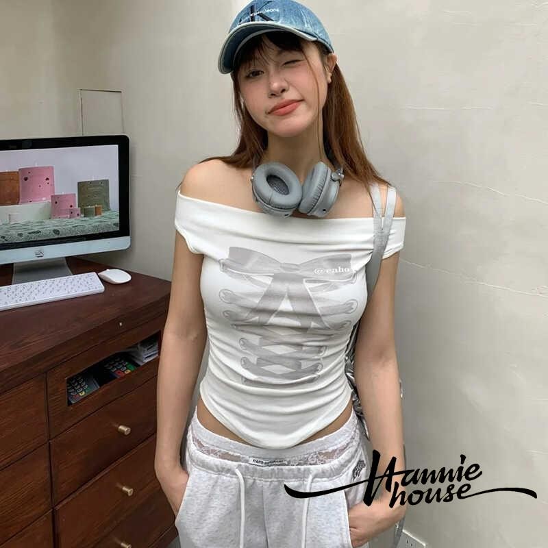 Hannie House- เสื้อยืดฤดูร้อนพิมพ์ลายโบว์เปิดหลังสําหรับผู้หญิง ...