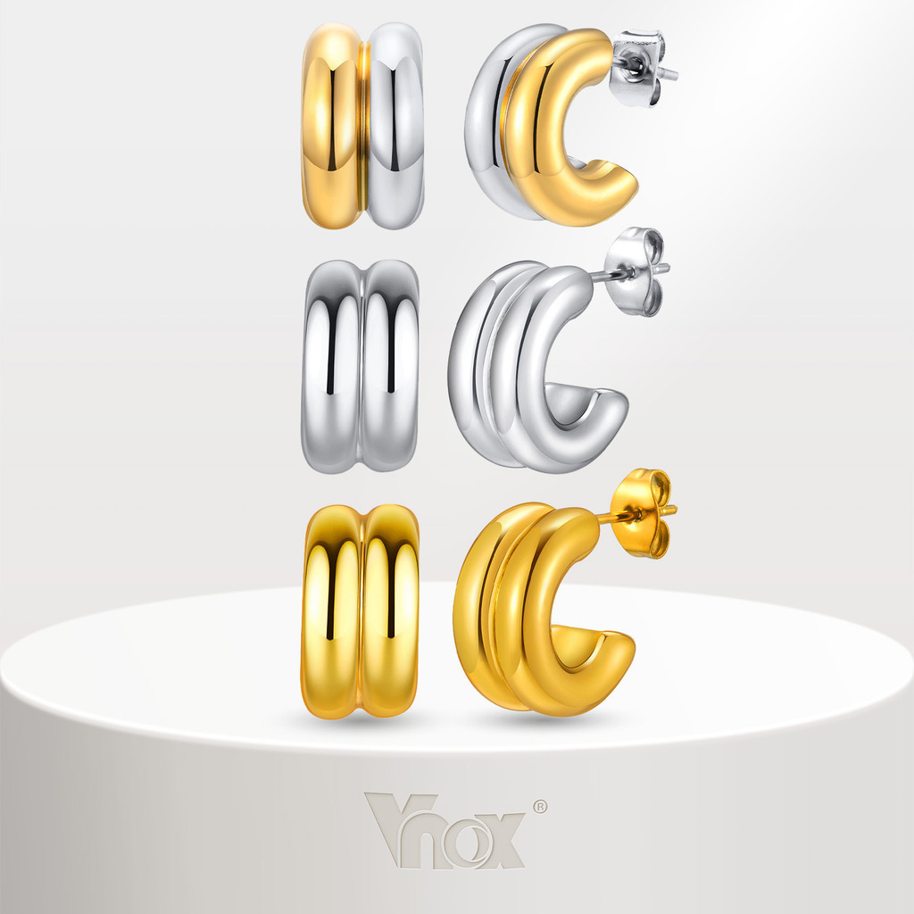 Vnox ต่างหูห่วงทูโทนสําหรับผู้หญิง,18k ต่างหูสตั๊ดรูปตัว C สองชั้น ...