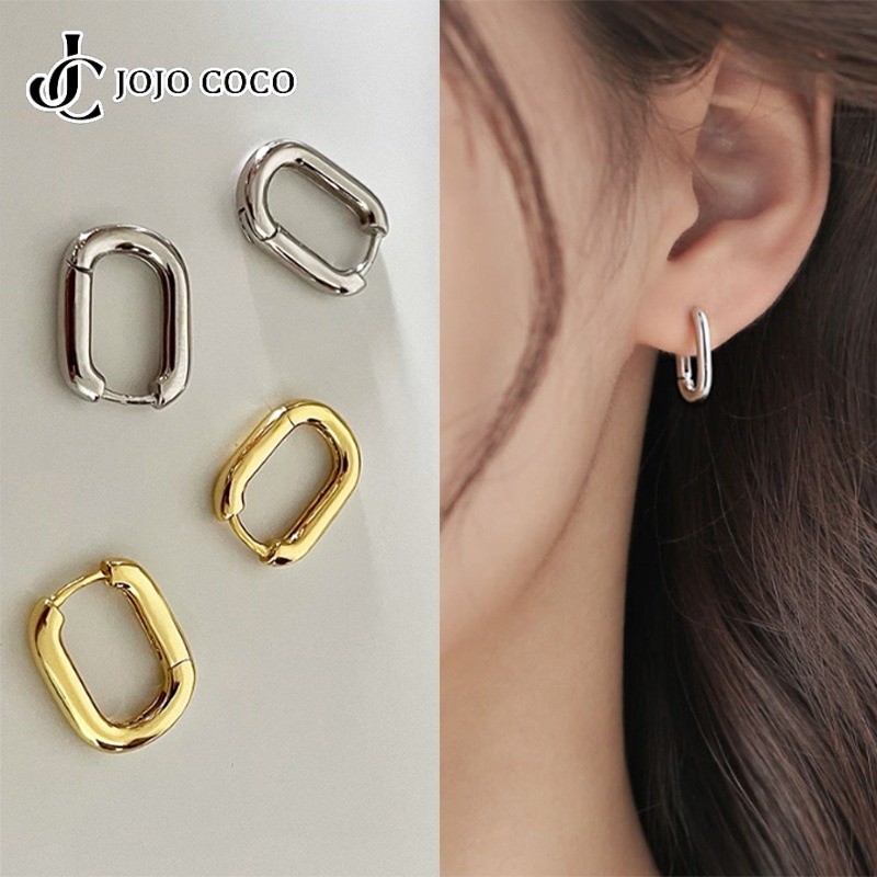 Jojo COCO เวอร์ชั่นเกาหลี S925 ต่างหูห่วงชุบเงินสําหรับผู้หญิงหูรูปไข่หัวเข็มขัดต่างหูเคลือบทอง ...