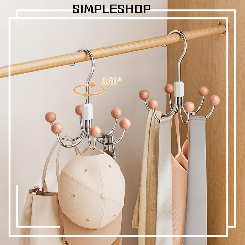 SIMPLESHOP ไม้แขวนเสื้อผ้าพันคอ ลูกบอลไม้ ประหยัดพื้นที่ 6 ตะขอก้ามปู มัลติฟังก์ชั่น 360° ตะขอ ...