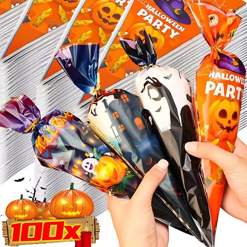 ถุงรักษาฮาโลวีนพลาสติก OPP - Pumpkin Ghost Prints Party Favors - Food ...