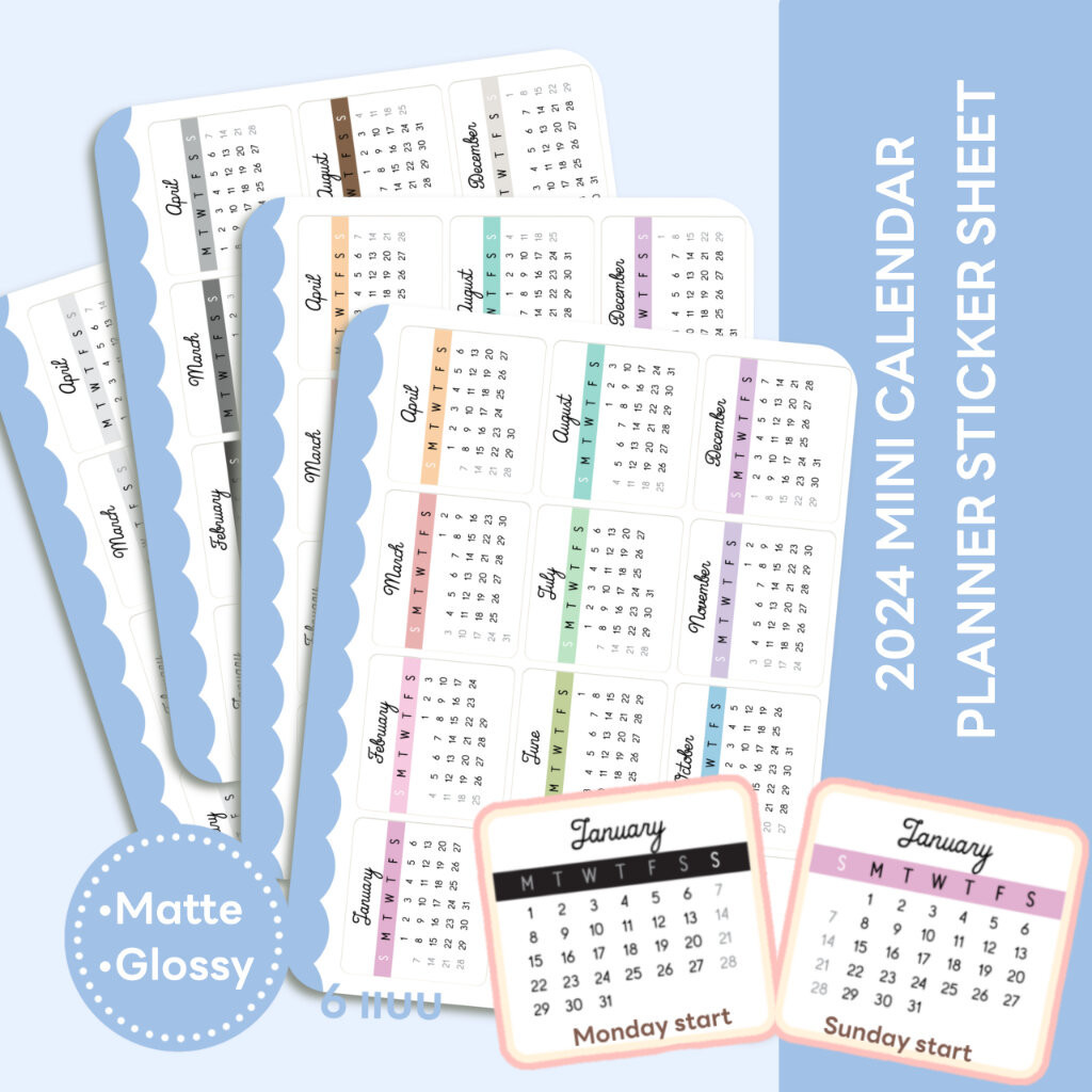 2024 Mini calendar | Planner sticker sheet สติ๊กเกอร์ไดคัทปฏิทินปี 2024 ...