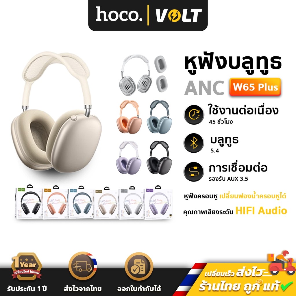 Hoco W65 Plus หูฟังบลูทูธ ตัดเสียงรบกวน ANC แบตอึด 45 ชม. เปลี่ยนที่ครอบหูได้ รองรับ AUX BT 5.4 ...