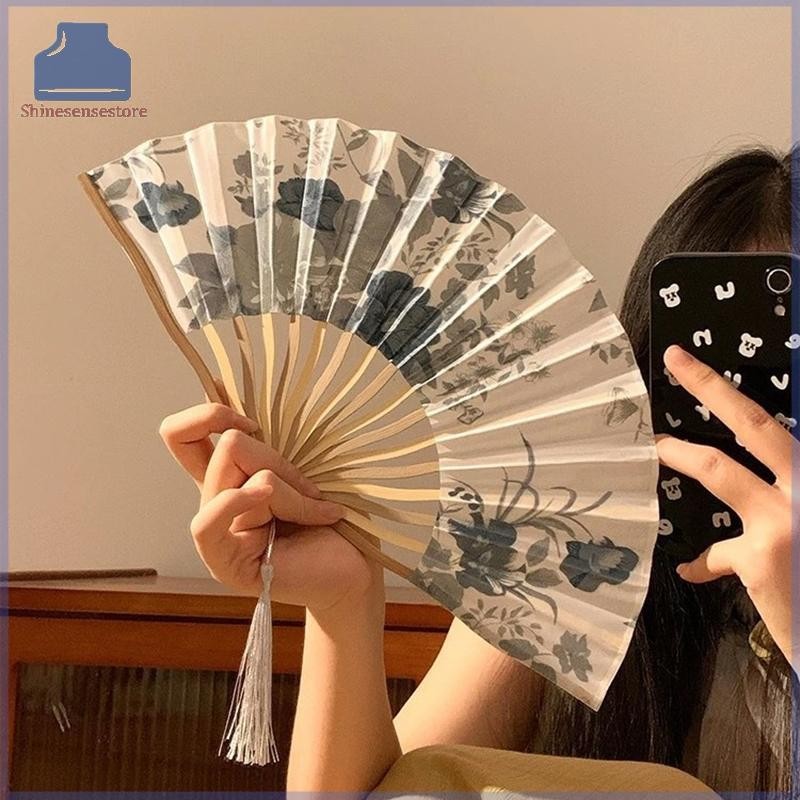 SHINE แบบพกพาพัดลมพับมือใหม่สไตล์จีน Dance Props Retro Shell พัดลมผู้หญิงผู้ชายไม้ไผ่ไม้ผ้าไหม ...