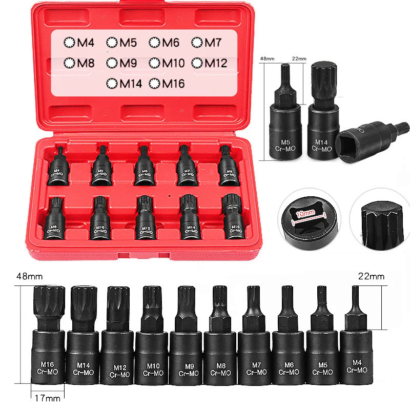 10Pc 12 Point Torx Bit Socekt Set 3/8" Adapter Allen Key Spline Bits ...