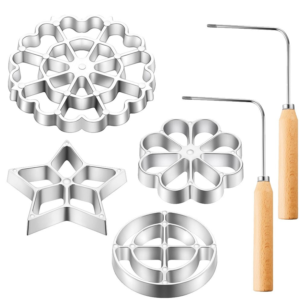 6 ชิ้น Rosette Iron Moulds ชุด Bunuelos พร้อมที่จับทําอาหารแสตมป์ Maker ...