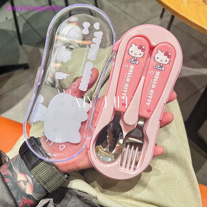 Eas Sanrio Hello Kitty ส้อมช้อน Cinnamoroll Kuromi สแตนเลสชุดแบบพกพา ...