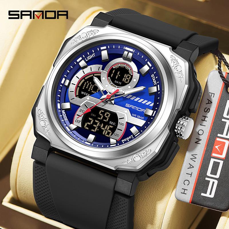 Sanda Square Dial แกะสลักรูปแบบบุคลิกภาพ Cool กีฬากันน้ําดิจิตอลนาฬิกา ...