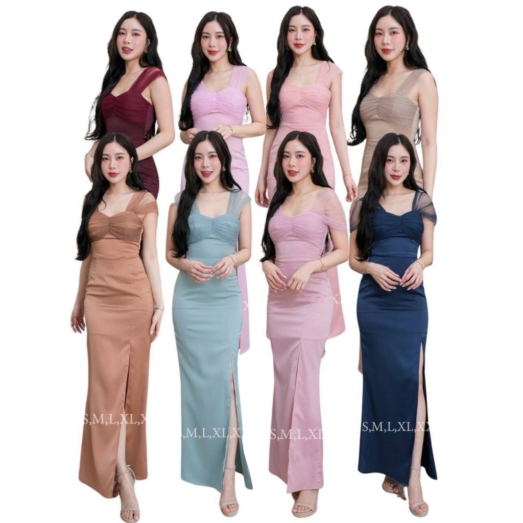 ชุดราตรี TP026 ผ้าเครปซาติน เดรสยาวมุ้งไหล่ใส่ได้หลายแบบ ไซส์ S-2XL ชุดเดรสไปงานแต่ง ชุดเดรส งาน ...