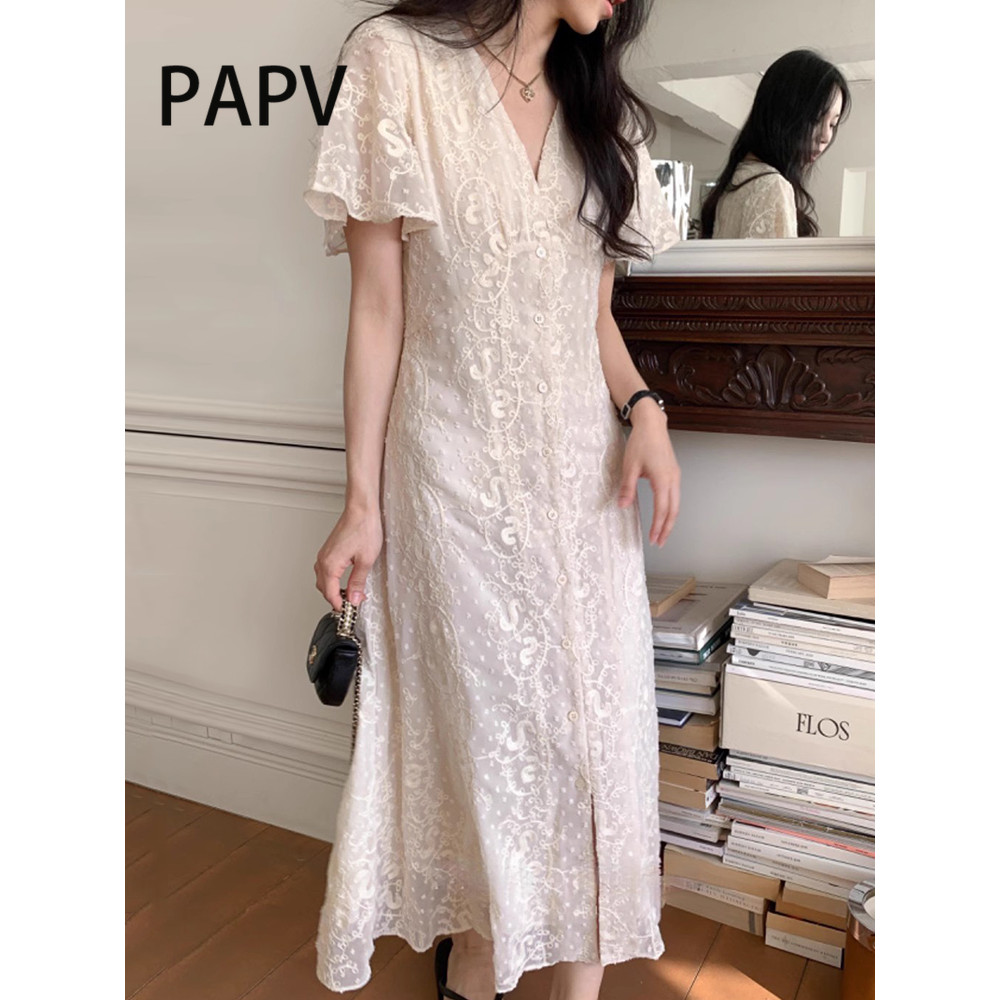 Papv Chic V คอ Heavy Industry ลูกไม้ Hook ดอกไม้ออกแบบแขนสั้นชุด 5091 ...