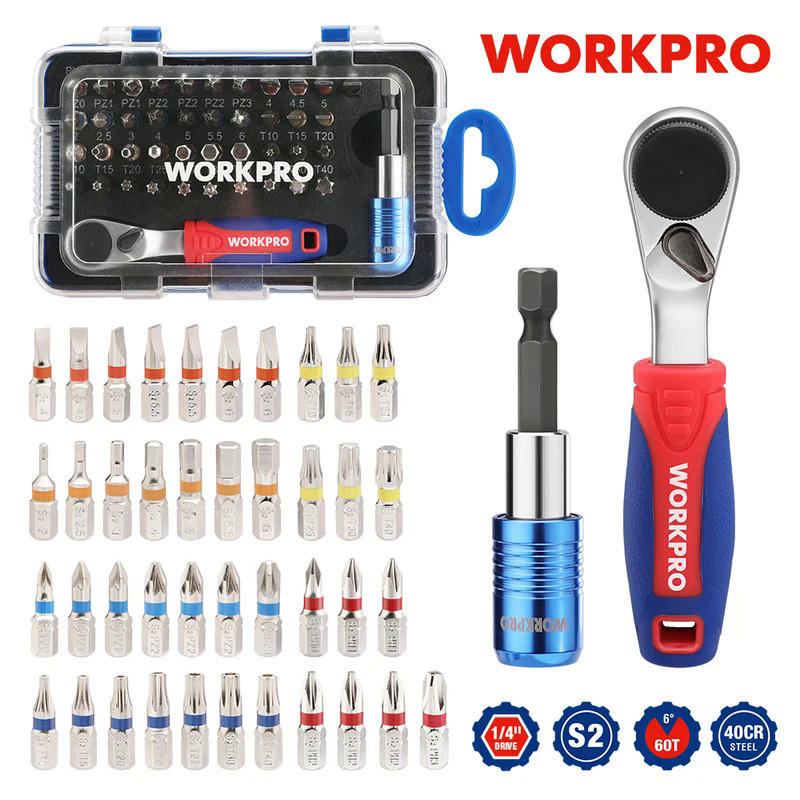 WORKPRO 1/4" Mini Ratchet Wrench and 41PCS Screwdriver Bits Set Hex ...