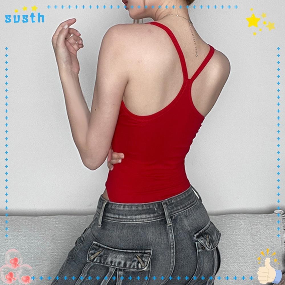 Susth เสื้อคอเหลี่ยมปักลายตัวอักษร, ชุดบอดี้สูทแฟชั่นนุ่มแขนกุด, เสื้อ ...