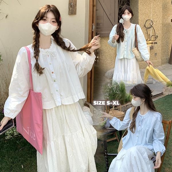 mimi&didi#เสื้อเชิ้ตคอกลมผ้าลูกไม้จีบผูกเชือกสีสันสดใส การออกแบบโบว์ไท ...