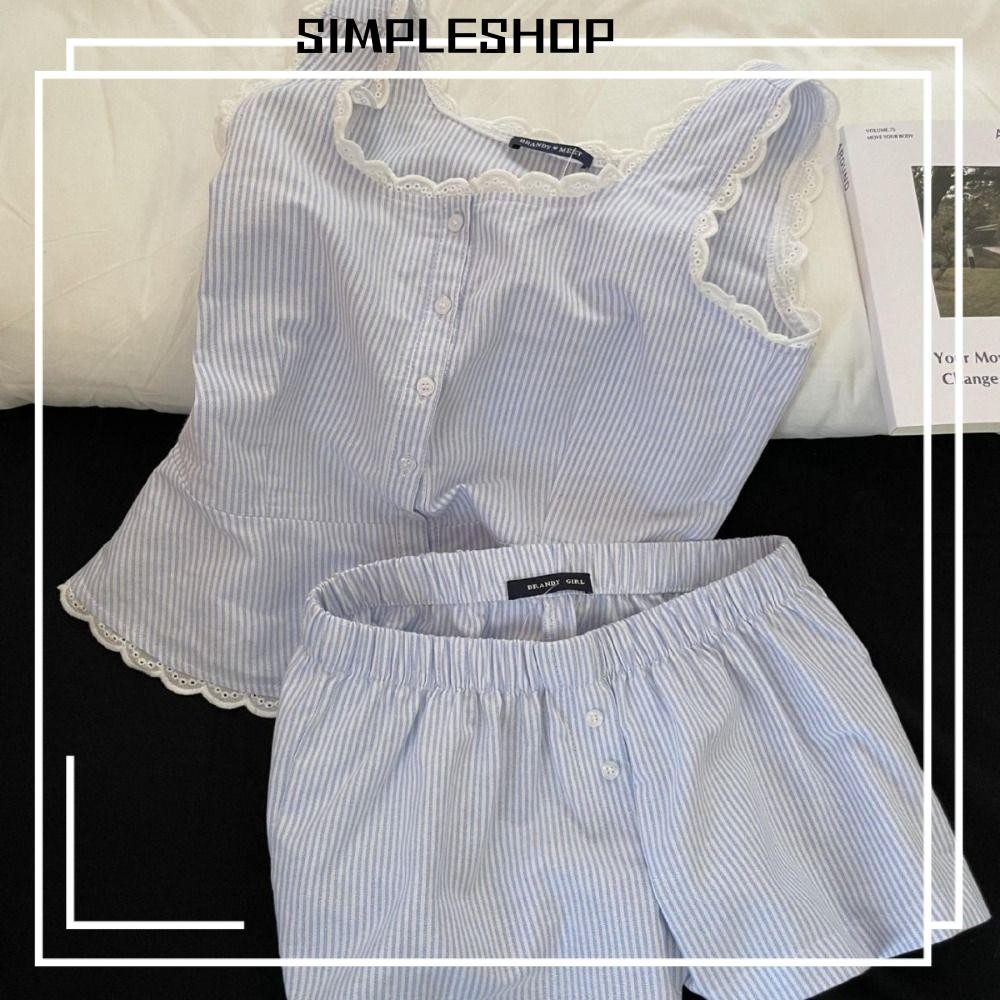 SIMPLESHOP ชุดนอนเสื้อยกทรงลายทาง ชุดนอนแขนกุดปุ่มเดียว สไตล์ลูกไม้สีฟ้า สำหรับผู้หญิง | Shopee ...