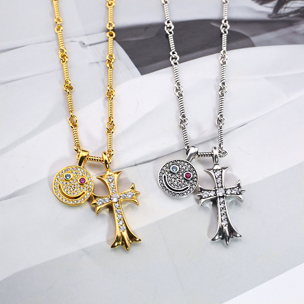 Chrome HEARTS เงิน 925 เพชรชุบ 24K Gold Cross Smile สร้อยคอ Vintage ...