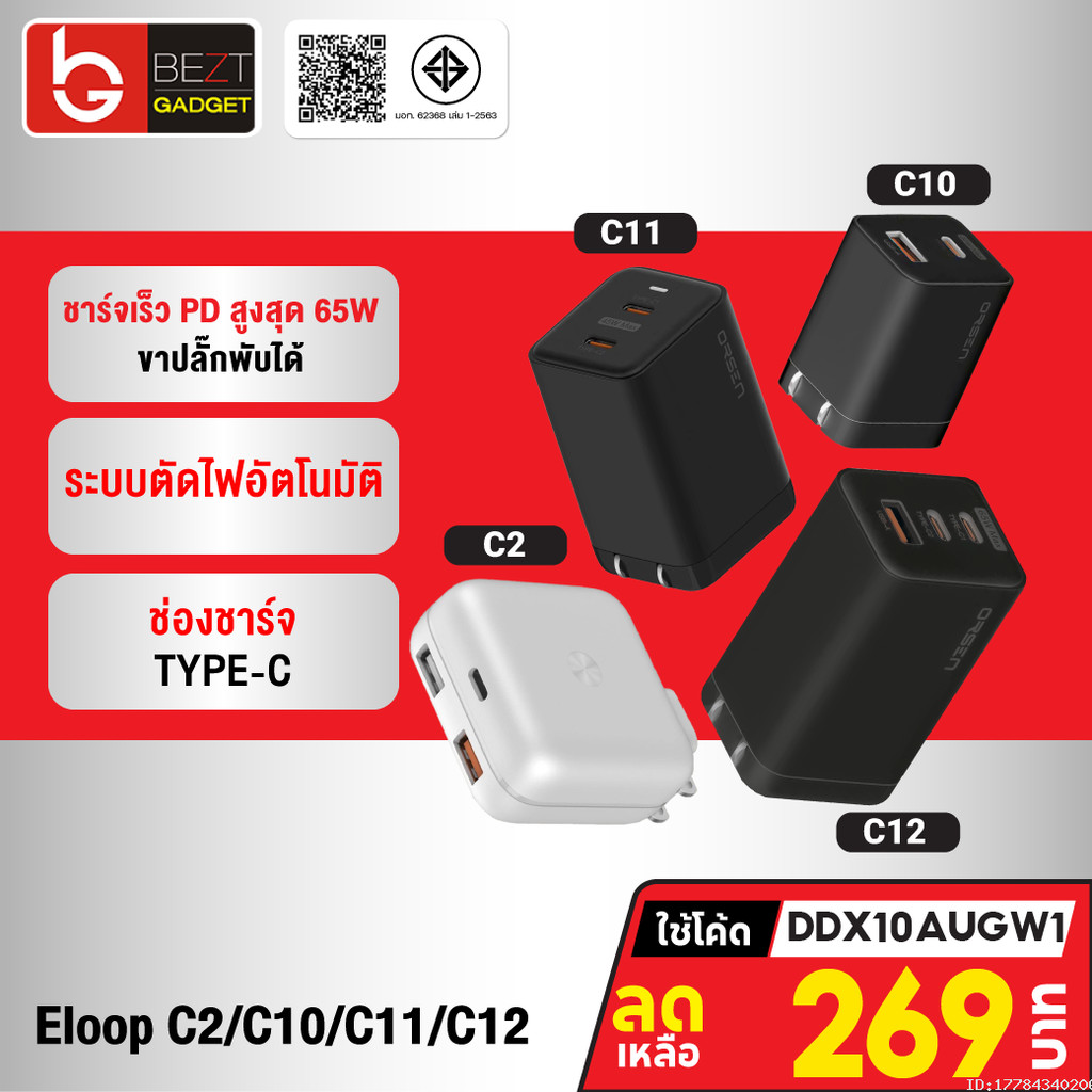 [269บ.โค้ดคุ้ม] Eloop C2 / C10 / C11 / C12 GaN รวม หัวชาร์จเร็ว PD สูงสุด 65W Orsen Apapter หัว ...