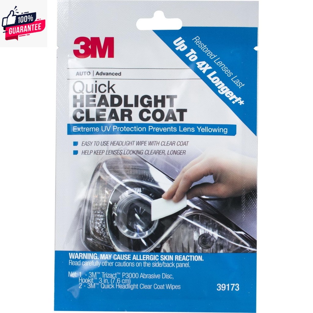 3M 39173 Headlight Clear Coat ชุดผลิตภัณฑ์เคลือไฟหน้ารถยนต์ แผ่นเช็ดเลนส์2ซอง, กระดาษทรายเอร์ ...
