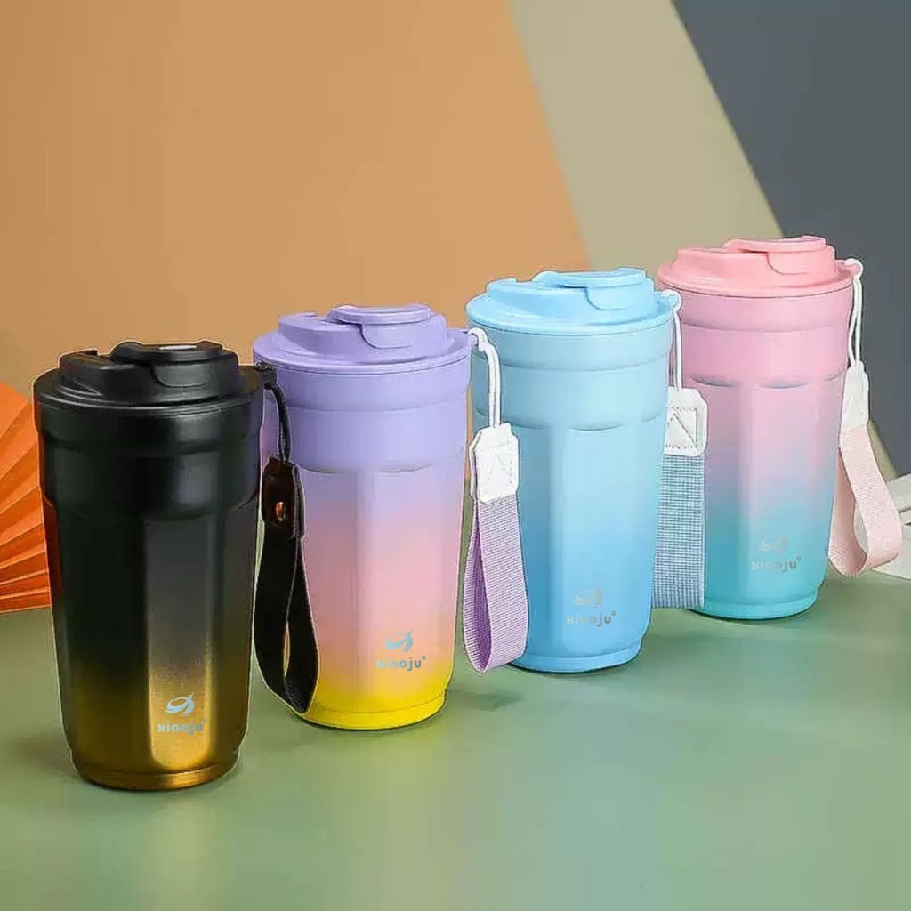XIAOJU แก้วน้ำเก็บอุณหภูมิ พร้อมสายหิ้วแคนวาส สีพาสเทล ฝาเปิดดื่ม 2 ทางสแตนเลส 304 ขนาด 600ml ...