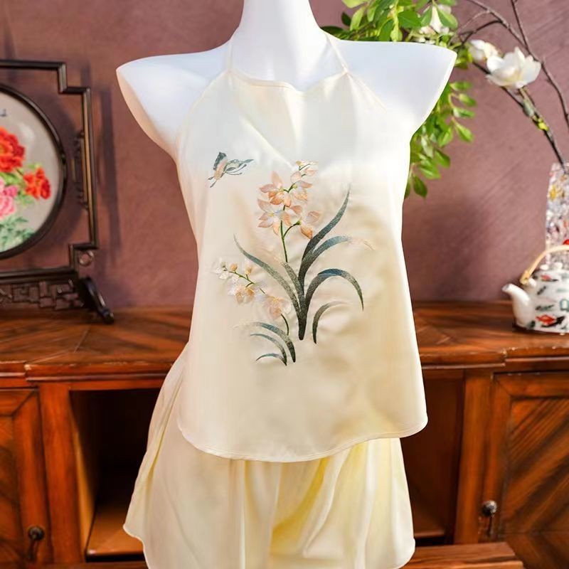 Women's Apron Chinese Style National Style Adult Embroidered Ice Silk ...